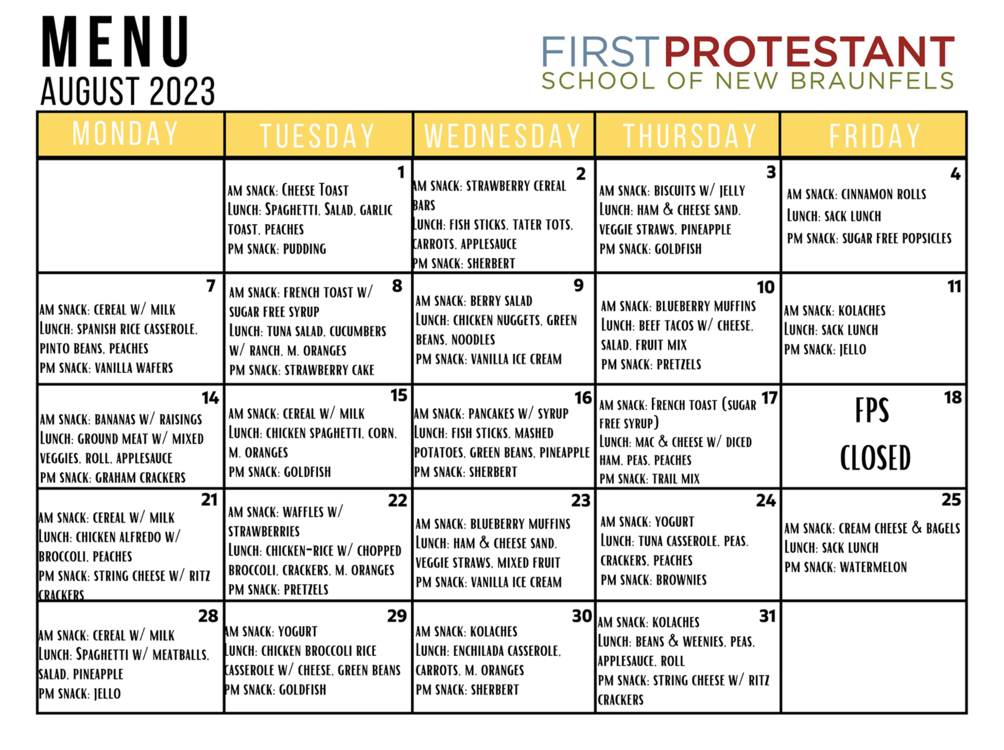 Food Menu - First Protestant School